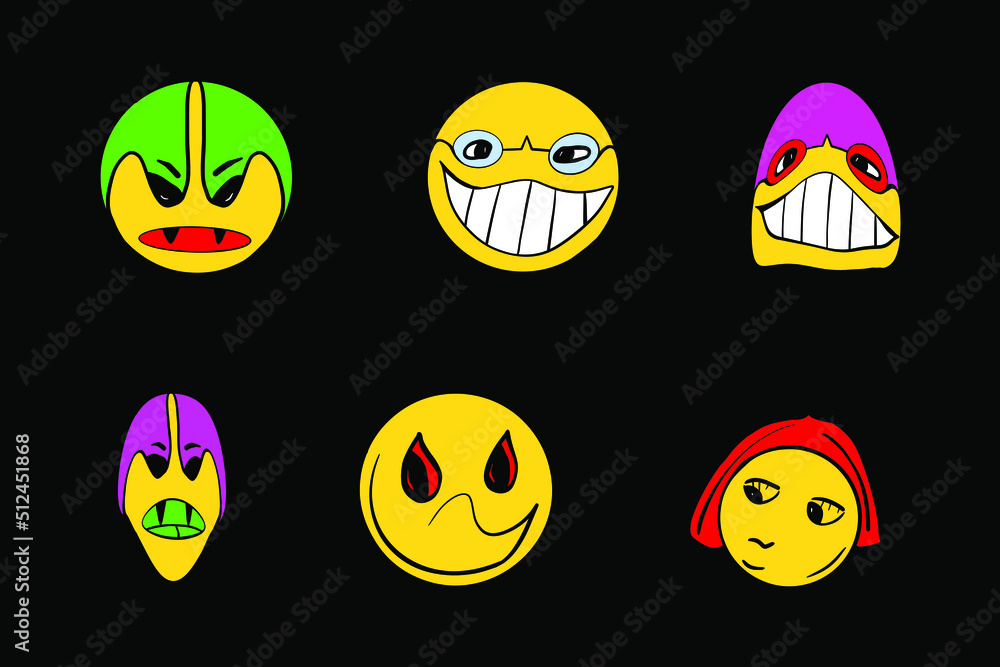 Psychedelic cartoon face. Crazy graffiti smile emoji, facial ...