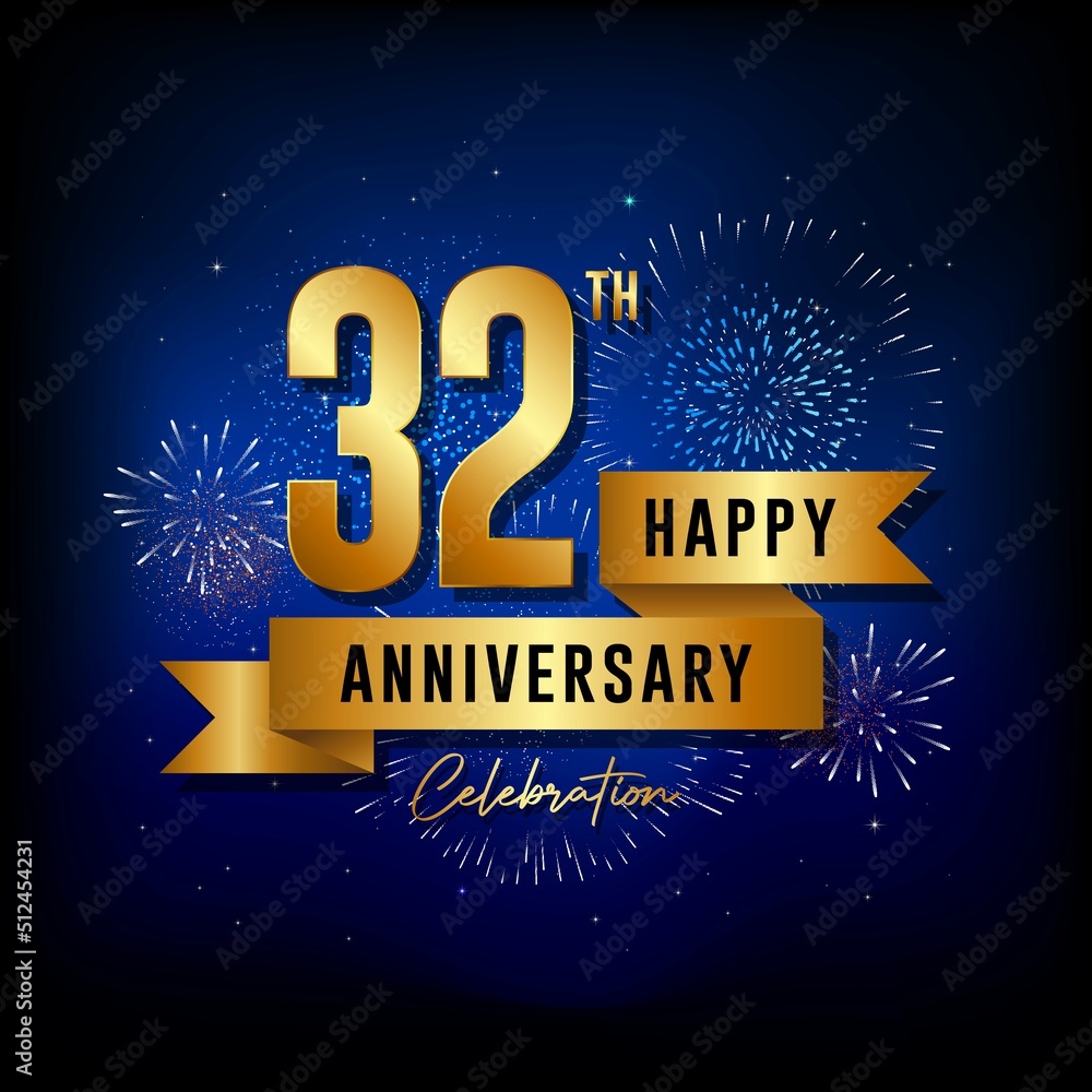 32th anniversary logo with golden ribbon for booklets, leaflets ...