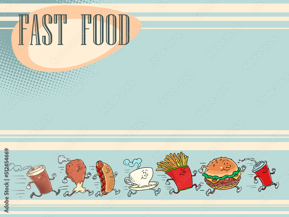 Fast food products restaurant menu background. Burger fries drink cola ...