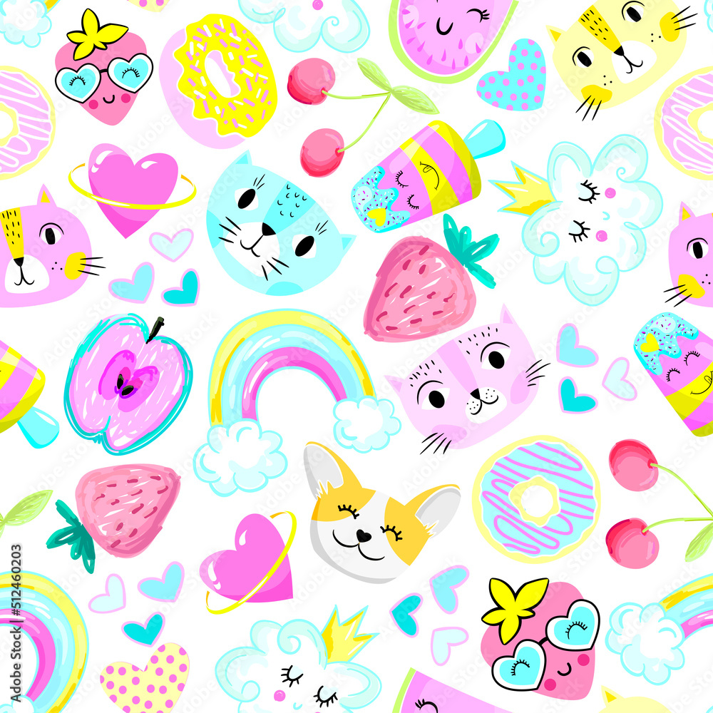 Seamless pattern with hearts, cat and fruits. Cute texture background ...