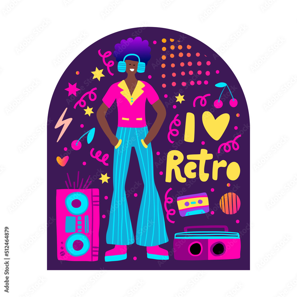 80s man poster. Prank boy retro vector illustration. Cartoon flat party ...