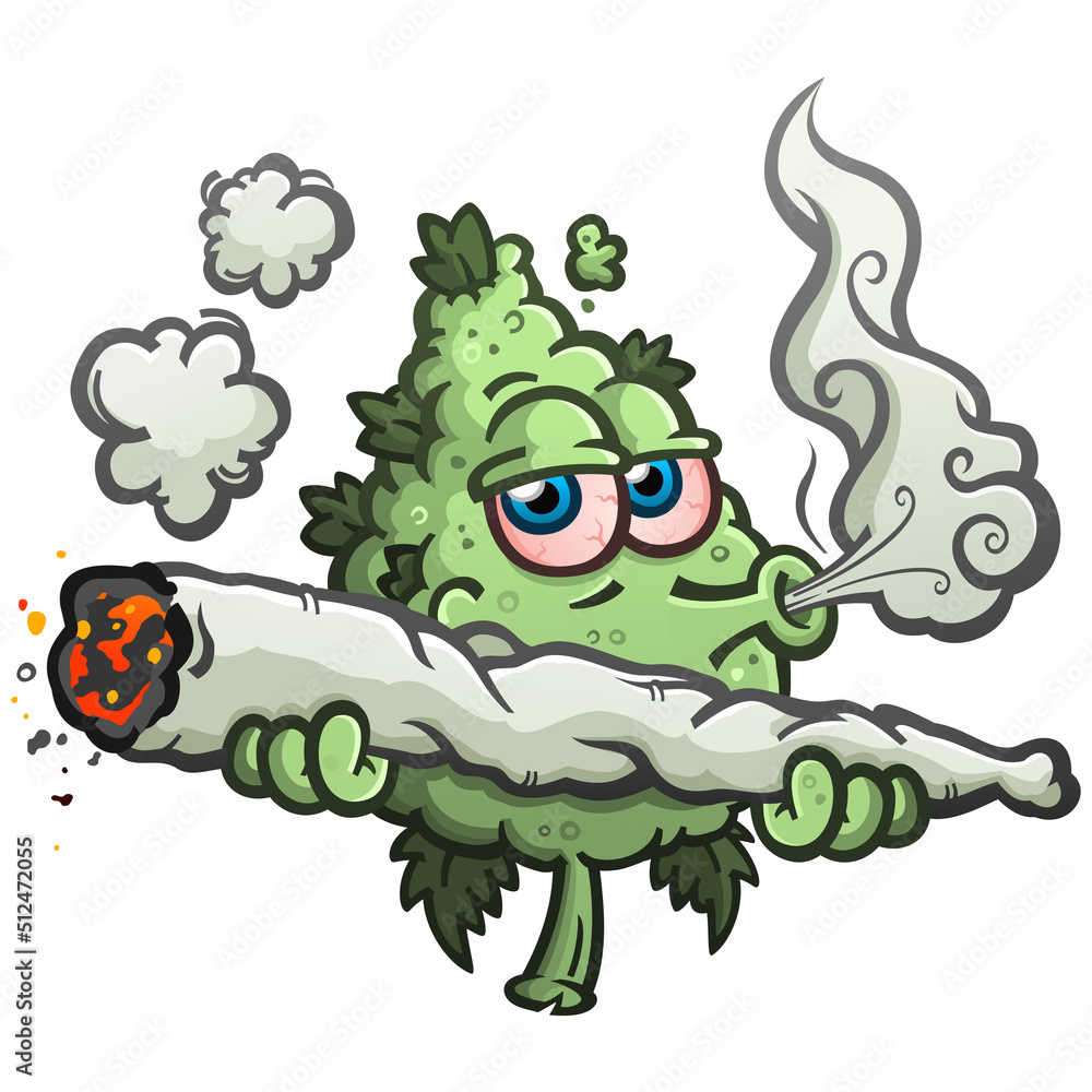 A marijuana bud cartoon character smoking a huge rolled joint and ... A marijuana bud cartoon character smoking a huge rolled joint and ...