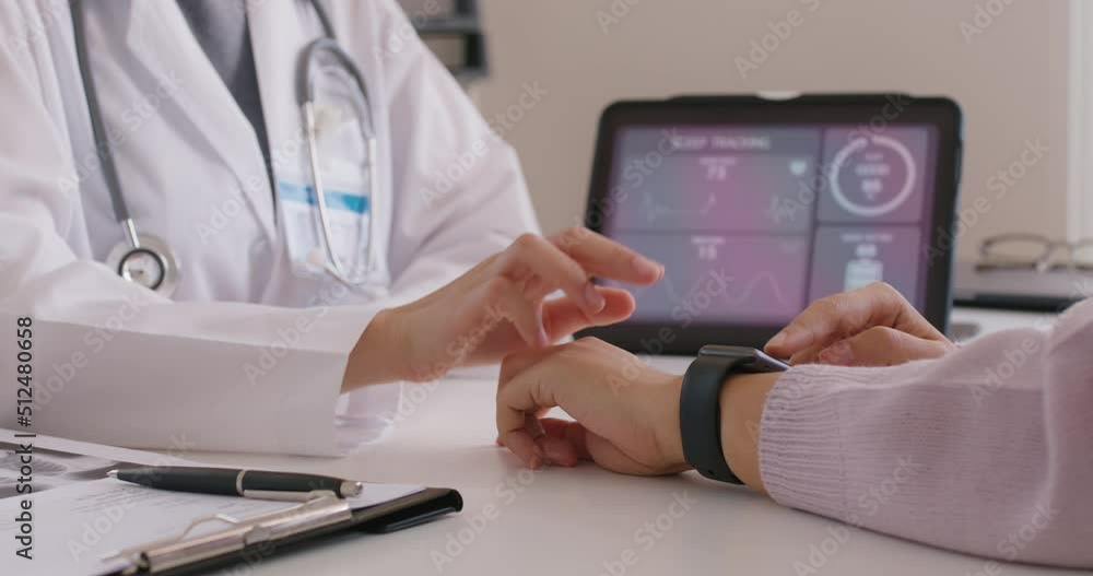 Close-up GP advice AI smart IoT watch guide to patient help collect ECG ...