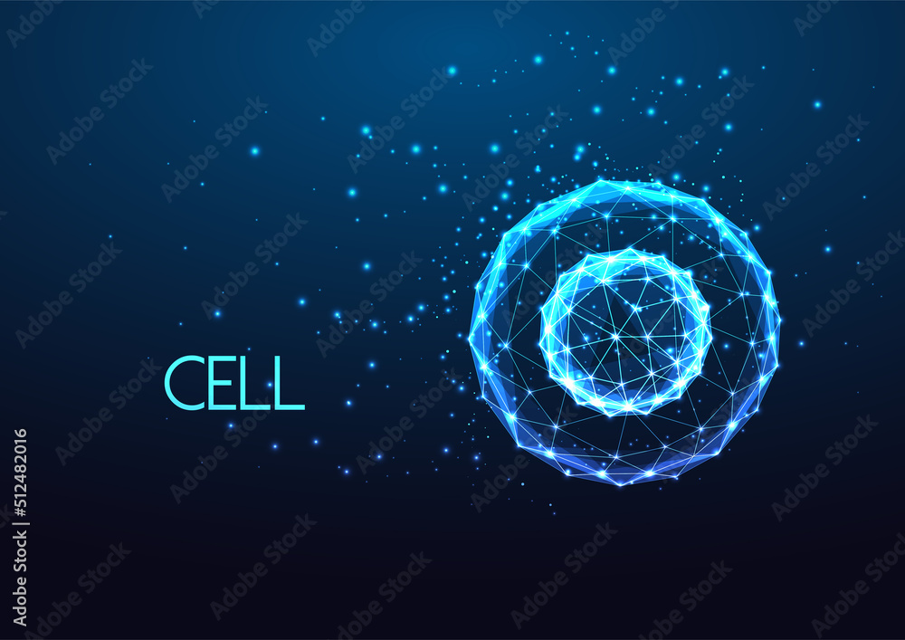 Concept of human cell under microscope in futuristic glowing low poly ...