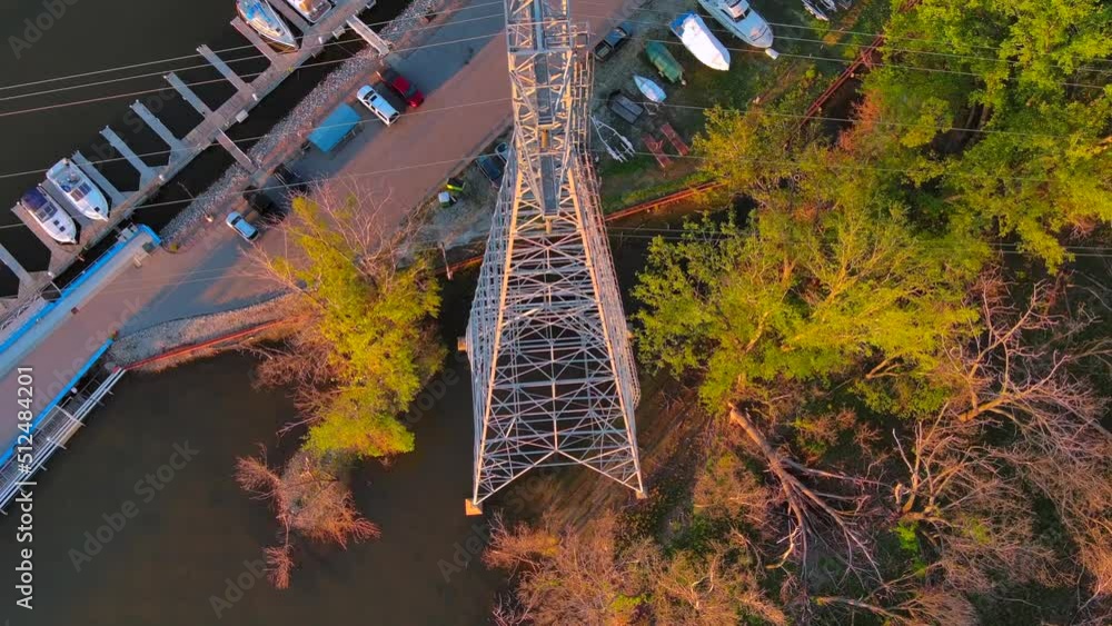 Rare, top-down view of electric power lines on huge utility tower, 300 ...
