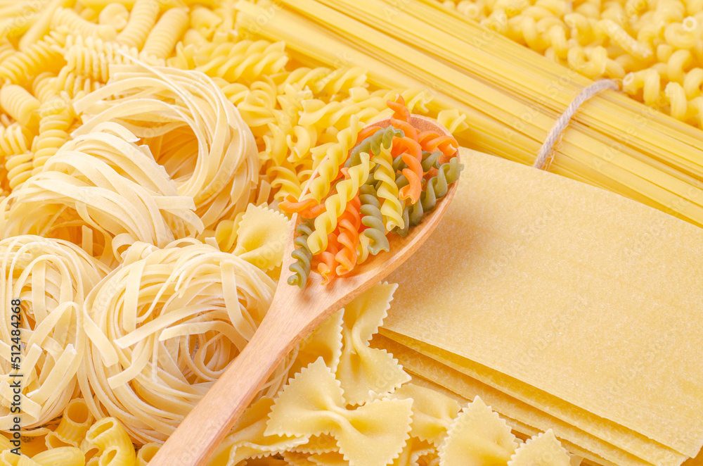 Layout of Italian raw pasta, different types and shapes of pasta, Stock ...