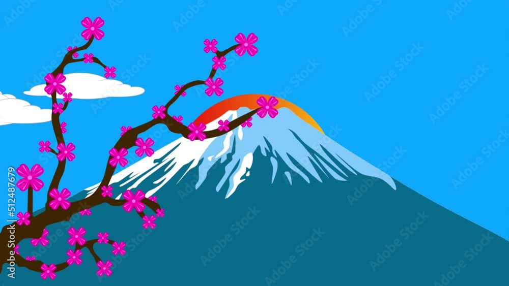 Animated drawing of Mount Fuji where the sun rises, on the left a ...