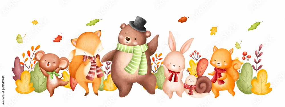 Watercolor Illustration cute autumn animals and falling leaves ...
