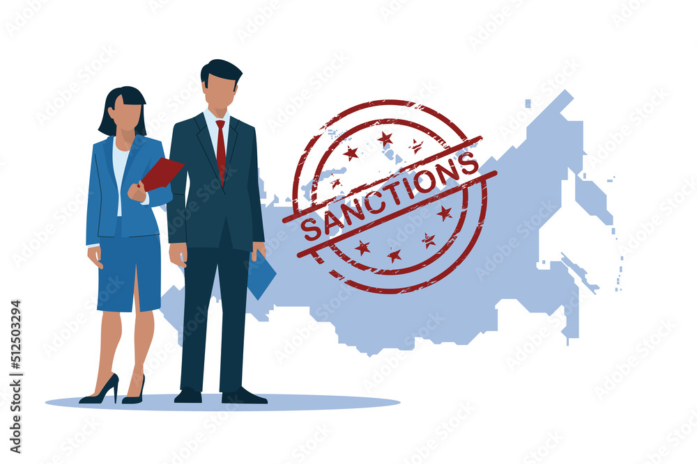 Sanctions. Politics. Business people. Man and woman in business suits ...