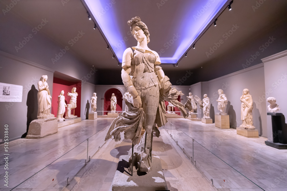 28 May 2022, Antalya, Turkey: Majestic Greek antique statue of dancing ...