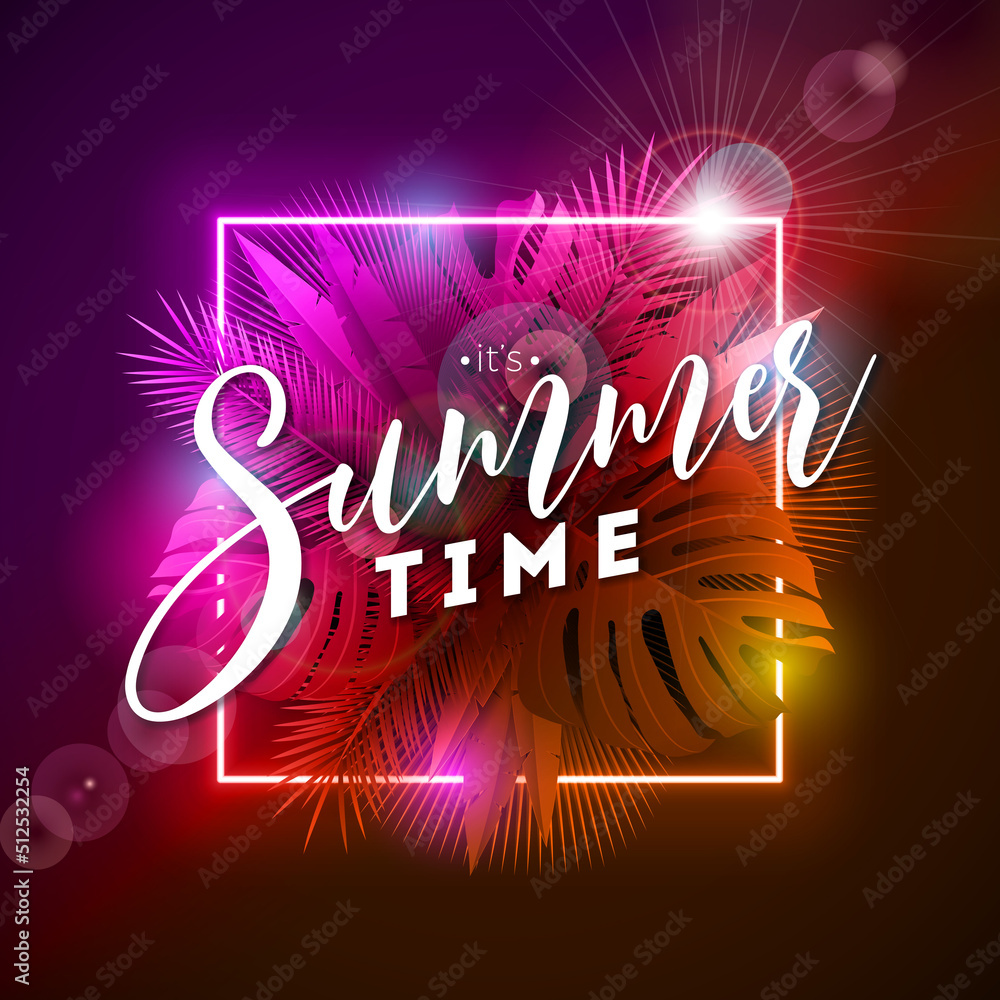 Summer Holiday Design with Glowing Neon Light on Dark Background ...