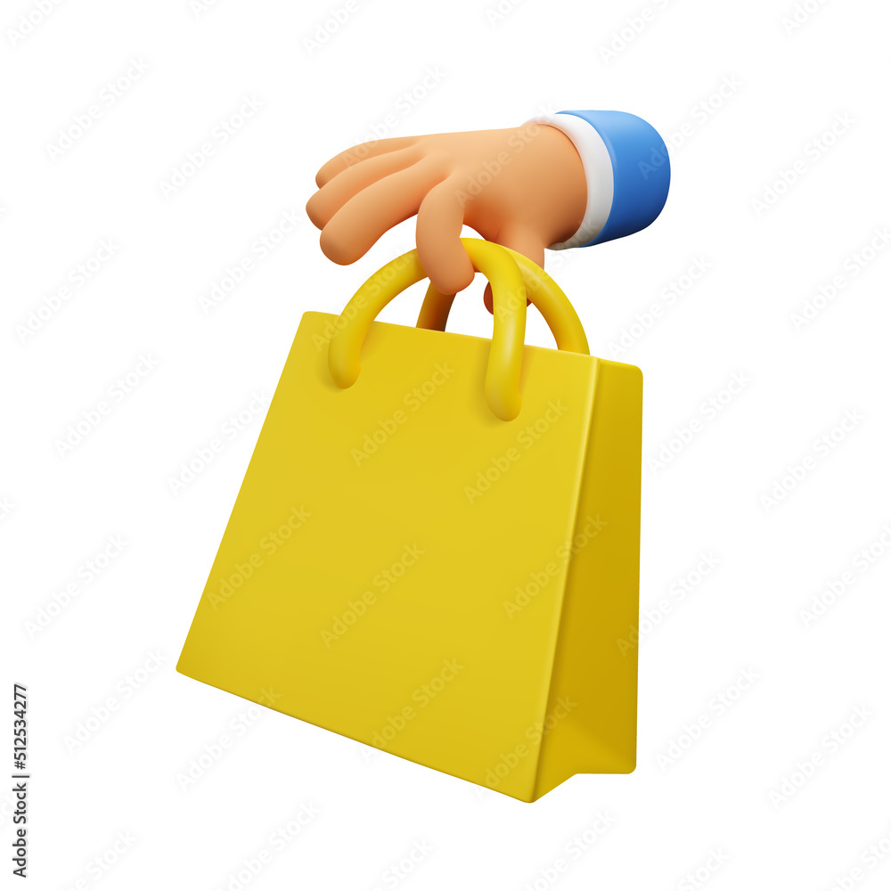 3d hand holding shopping bag icon. Delivery concept, vector render ...
