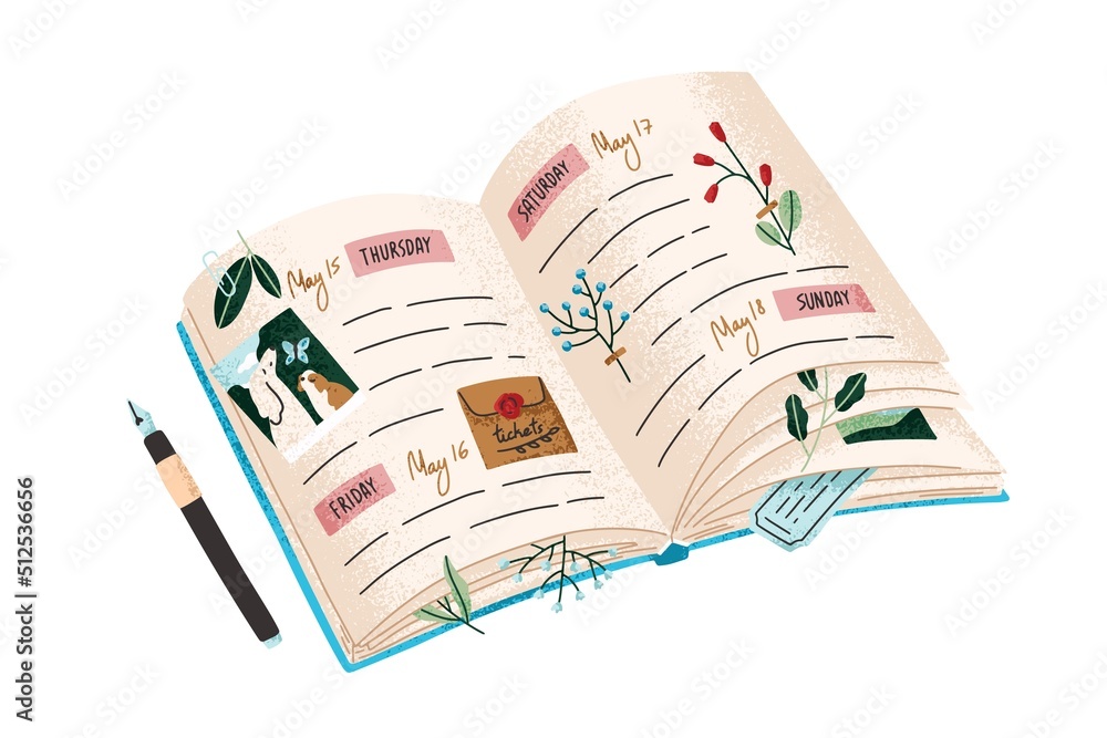 Open diary, notebook with notes, pictures, flowers on pages. Cute paper ...