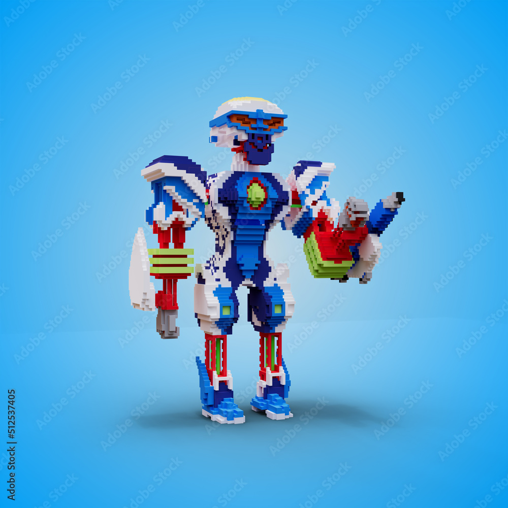 3D rendering of a war robot using a blue, red and white color scheme ...