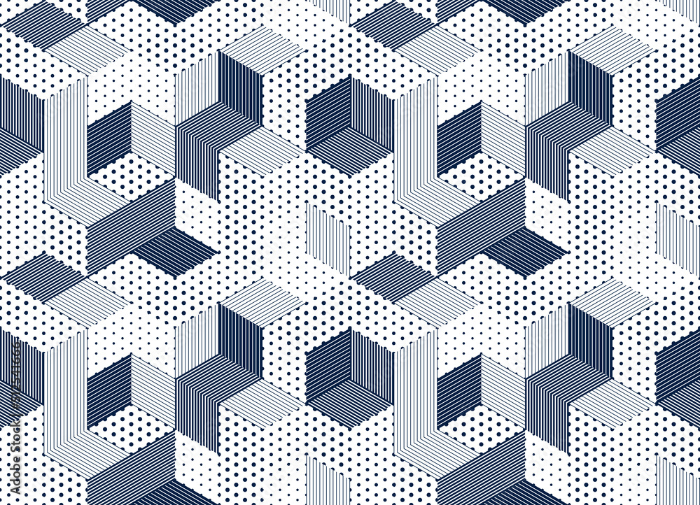 Dotted seamless isometric geometric pattern, dots and lines 3D cubes ...