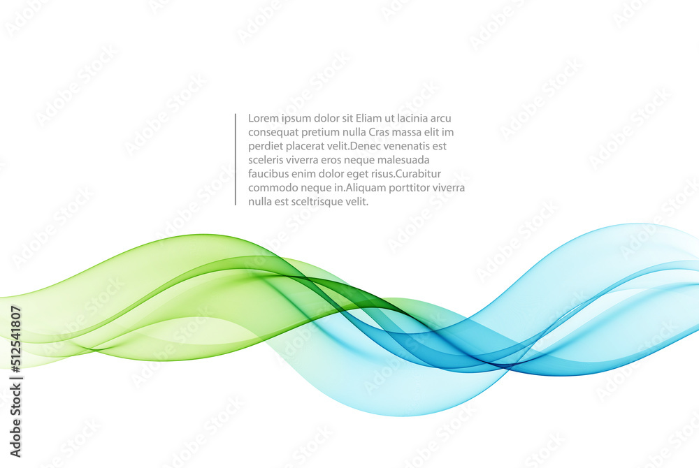 Blue and green wave design element on white background. Transparent lines abstract wave shape ...