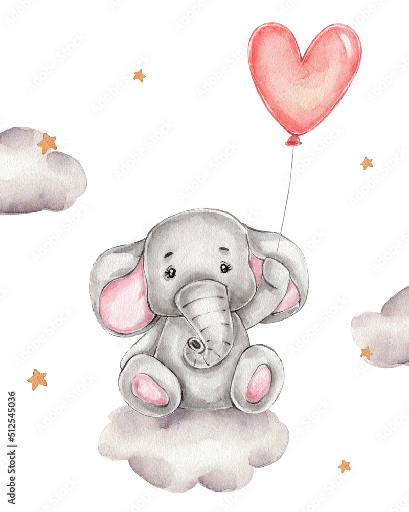 Cute elephant with balloon sitting on cloud; watercolor hand drawn ...