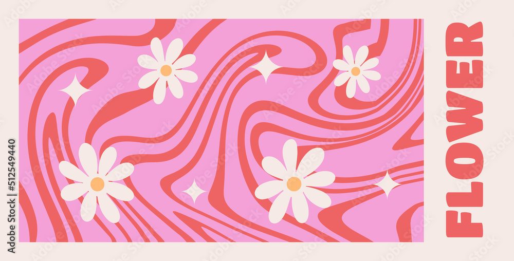 Wavy Swirl Groovy daisy Pattern Set on red and pink colors. Seventies ...