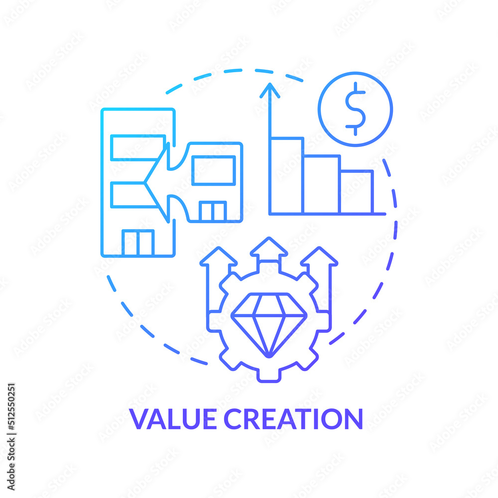 Value creation blue gradient concept icon. Cost and revenue synergy ...