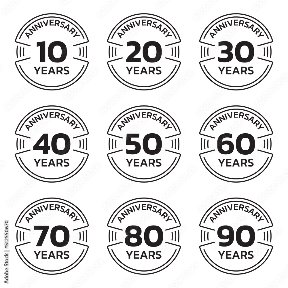 Anniversary logo or icon set. 10,20,30,40,50,60,70,80,90 years round ...