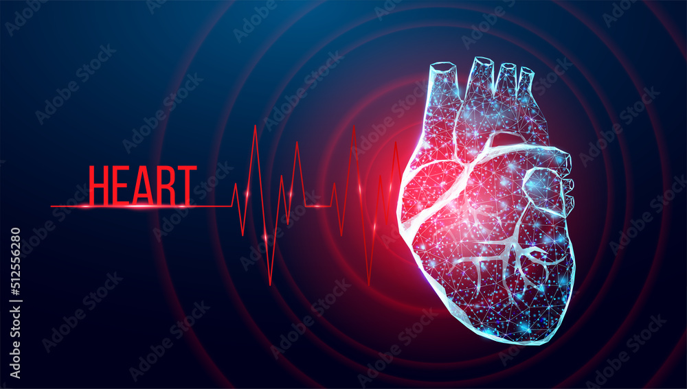 Human heart wireframe. World heart day concept. Banner template glowing ...