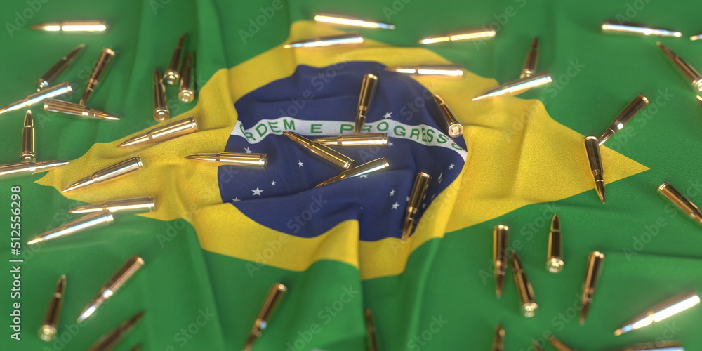 Flag of Brazil and bullets. Weapons or ammo market and laws related ...