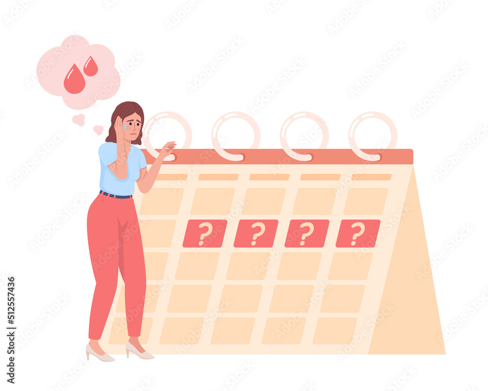 Worried woman with menstrual irregularities semi flat color vector ...