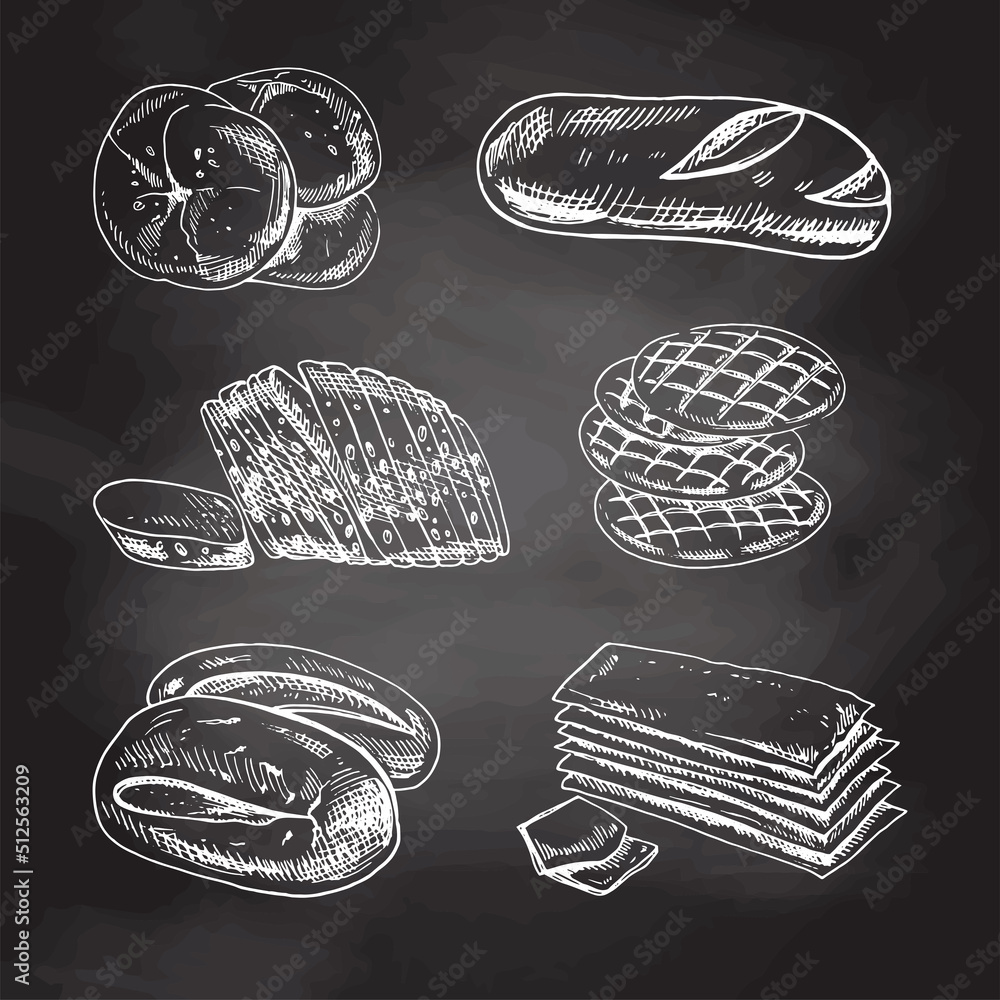 Vintage hand drawn sketch style bakery set. Bread and pastry. White ...