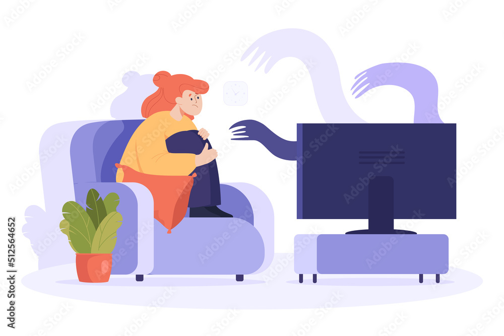 Scared cartoon woman watching horror movie or thriller alone. Female ...