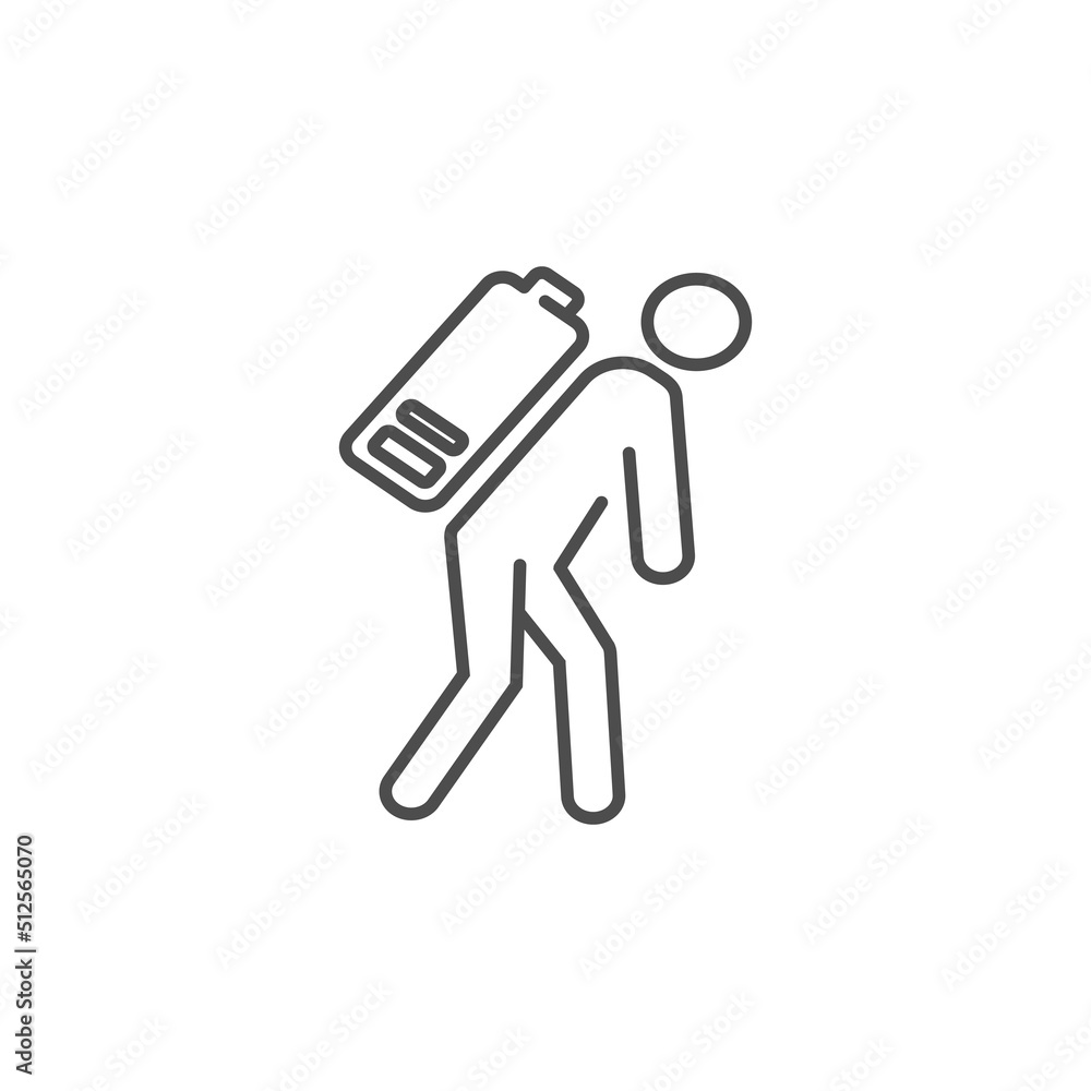 Tired person icon, fatigue or exhausted, lack battery energy, low ...