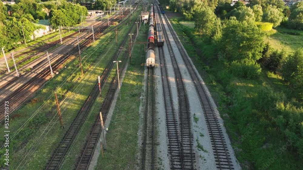 The view from the drone on the railroad tracks against the background ...