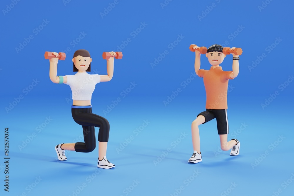 3D cartoon character Man and woman doing weightlifting and cardio ...