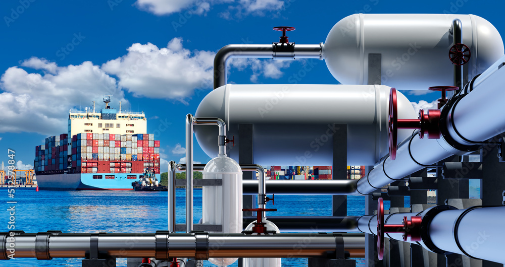 LNG terminal. Steel pipes and gas tanks in port. Gas equipment on ...