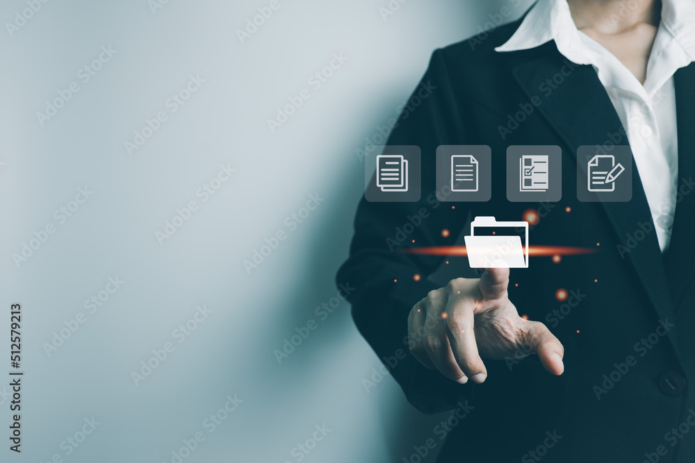 Businesswoman use finger touch screen folder manage file,online data ...