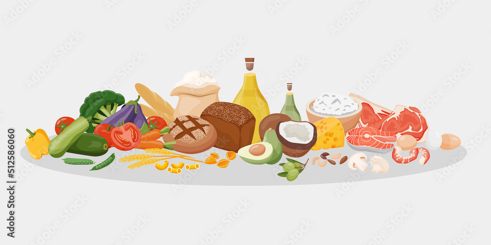 Set of healthy macronutrients. Fiber, proteins, fats and carbs ...