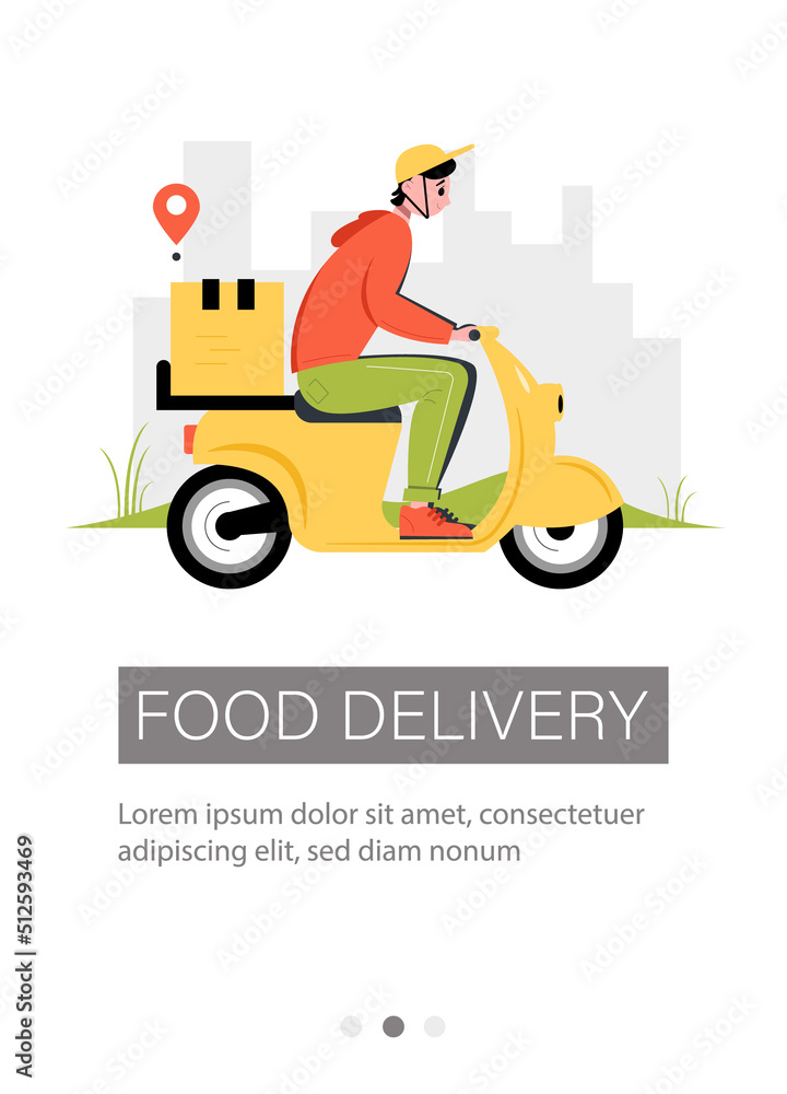 Flyer design for food delivery. Male courier rides a scooter to an ...