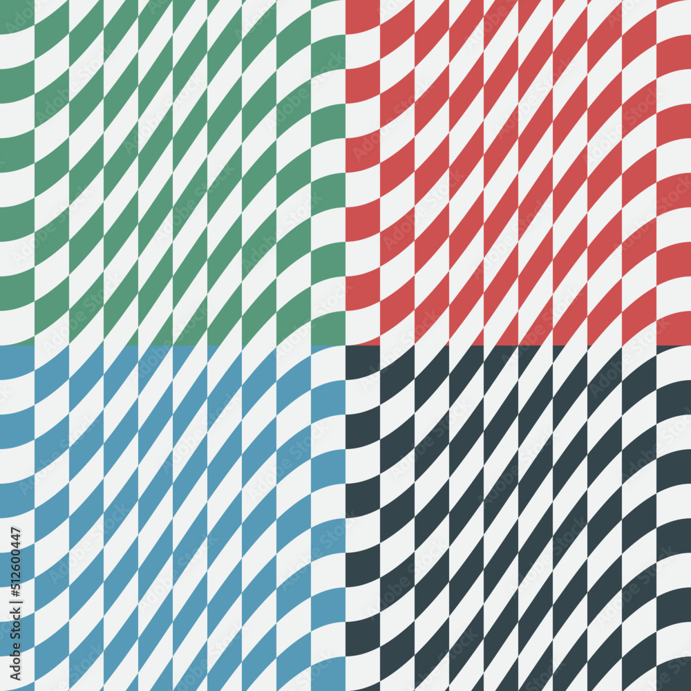Set of Multi Color Warped Checkers Background Designs. Four Square ...