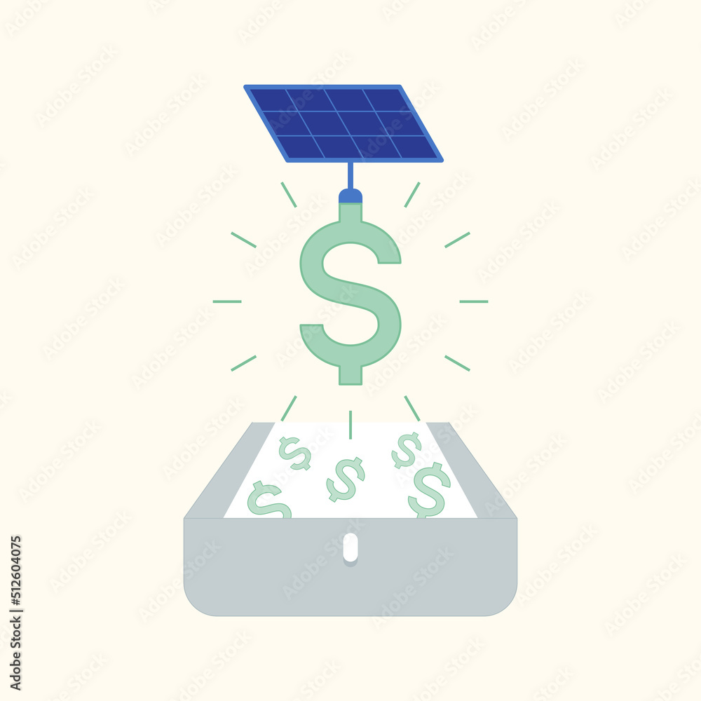 Solar panel installed with shining dollar sign while many dollars ...