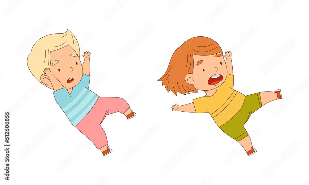 Cute little boy and gil slipping and falling down cartoon vector ...