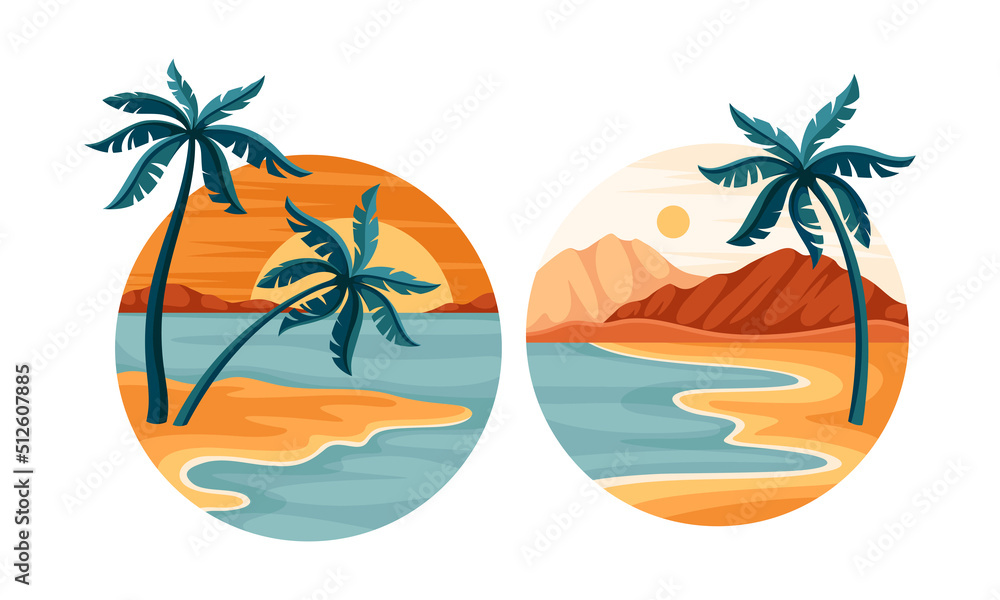 Tropical beach in circle set. Idyllic scenes of nature with palm trees ...