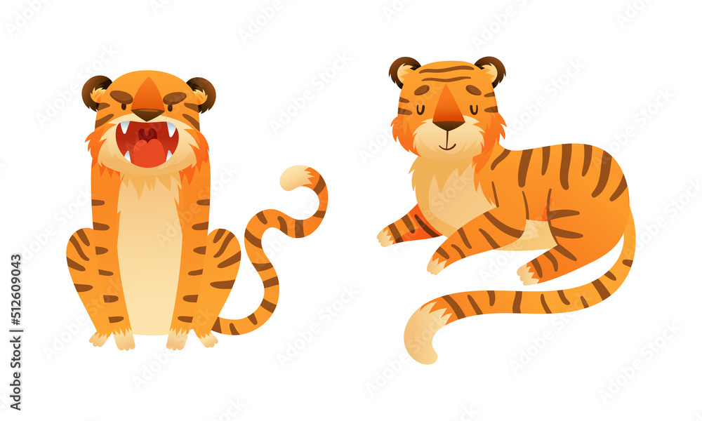 Cute tigers set. Wild jungle predator animal roaring and lying cartoon ...