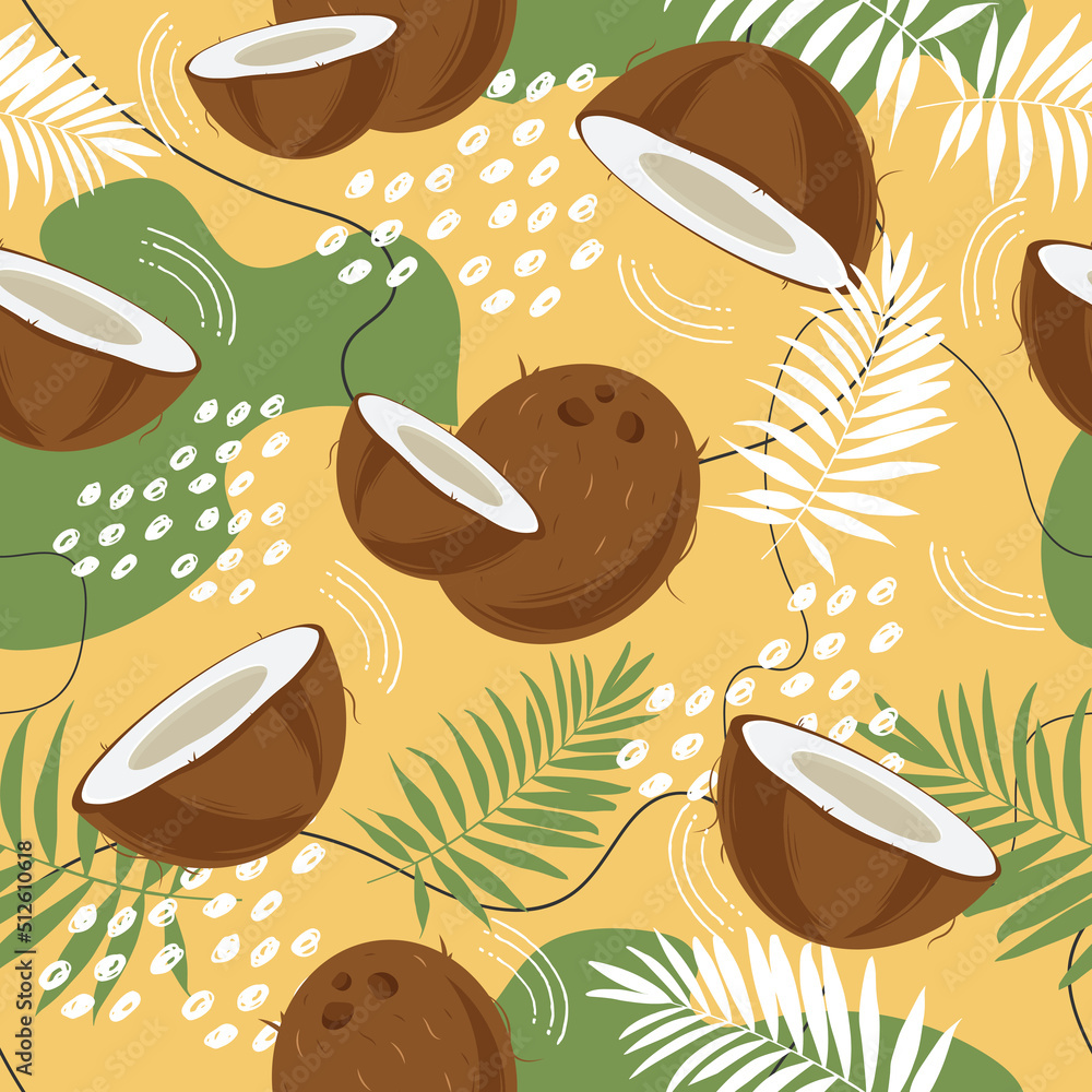 Seamless pattern with coconut, palm leaves and abstract elements. Half ...