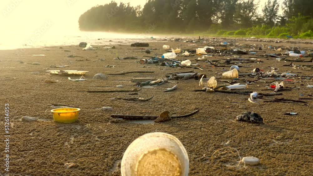 Plastic pollution of sea shore. Polluted ocean beaches with plastic ...