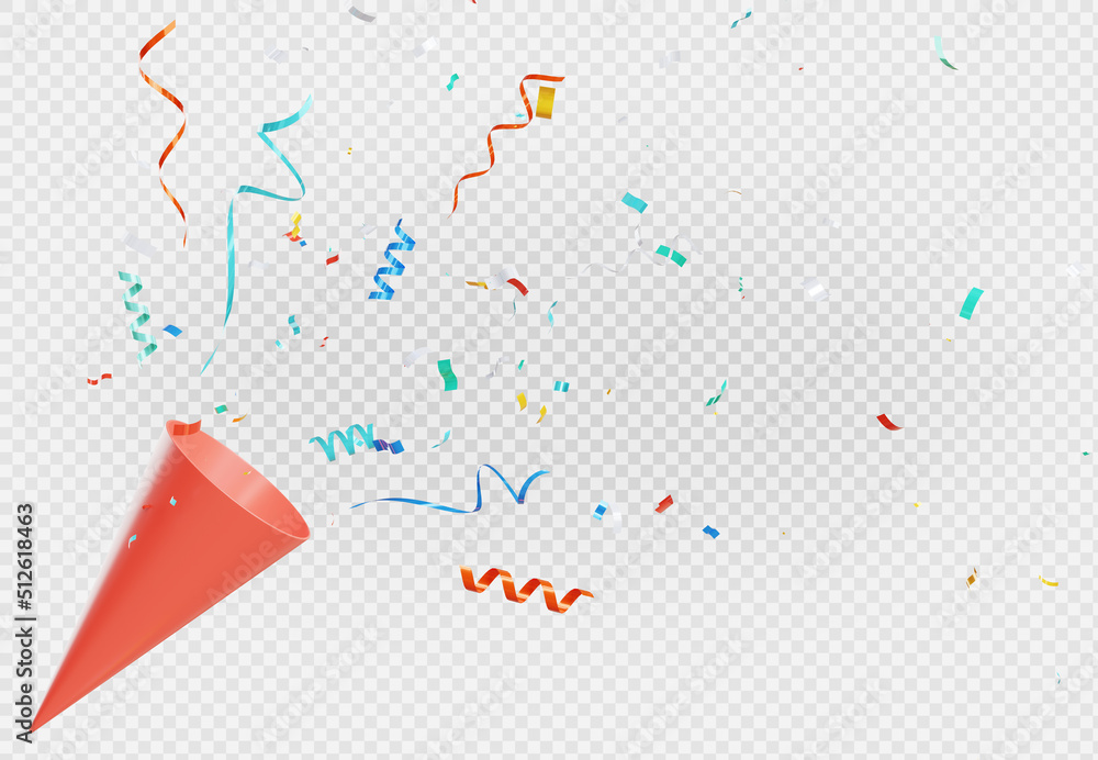 3d render of colorful confetti flying out of poper shoot on transparent ...