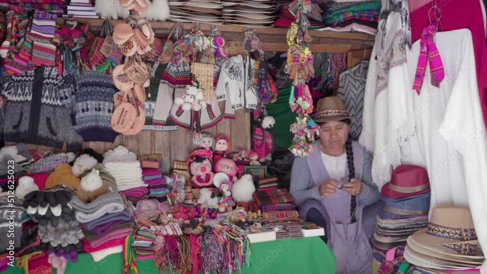 Vidéo Stock Panning shot of traditional woman (cholita) weaving in the ...