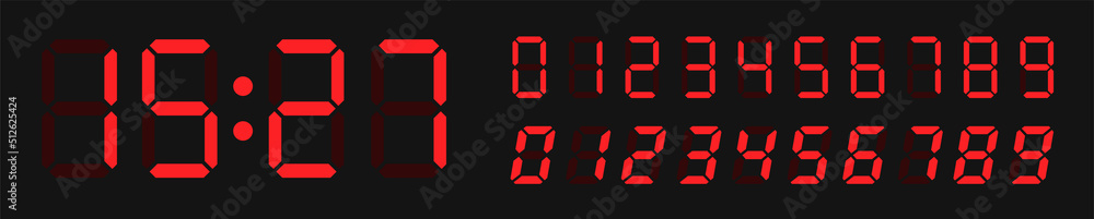 Digital led numbers set. Electronic clock. Red digital clock. Digital ...