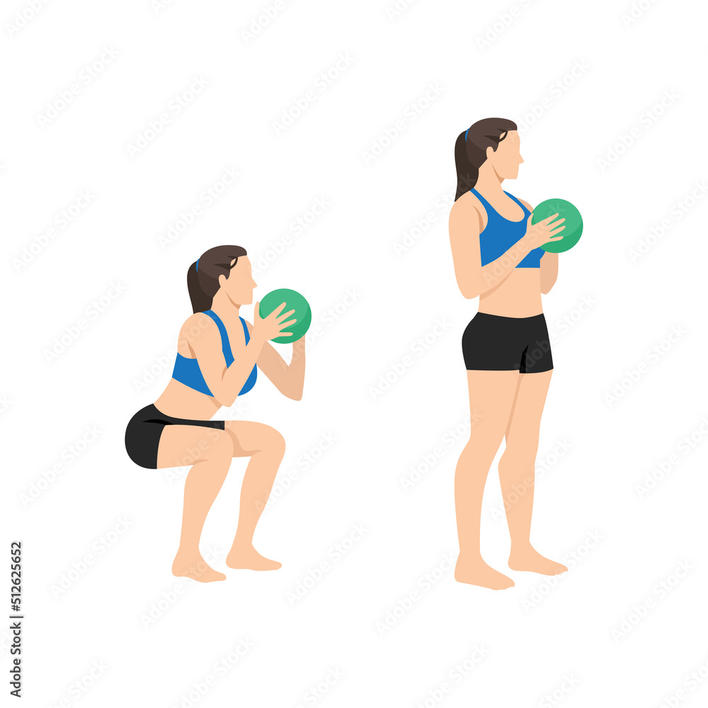 Woman doing Medicine ball squat exercise. Flat vector illustration ...