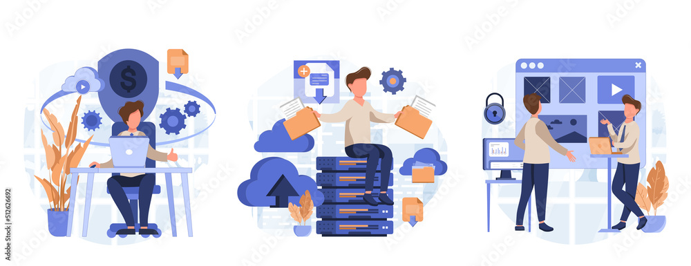 Modern people storing data online. Set of vector illustrations of flat ...