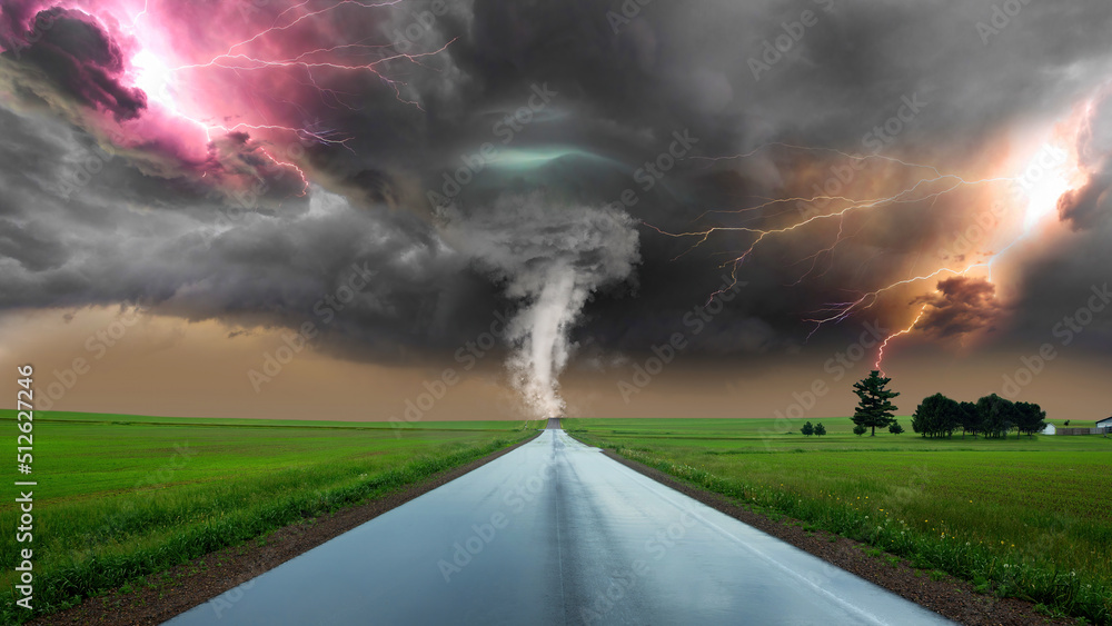 Tornado on a straight road. dramatic storm powerful tornado twisting ...