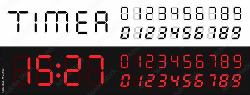 Digital led numbers set. Electronic clock. Red digital clock. Digital ...